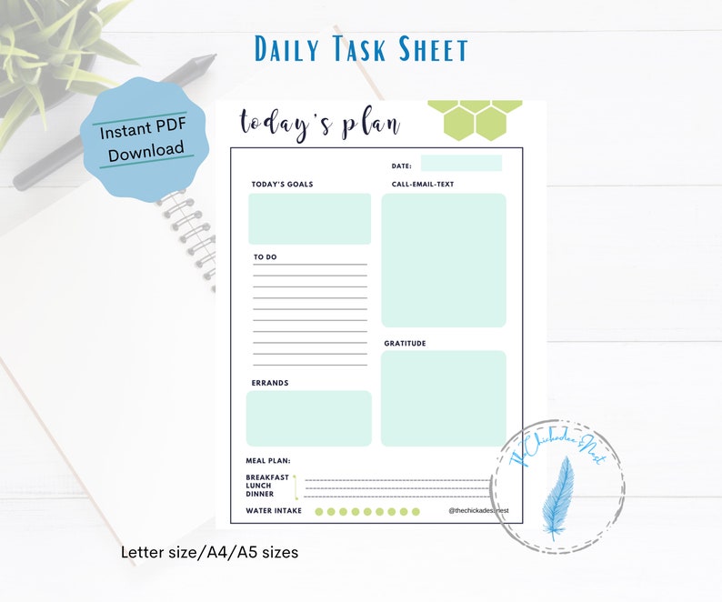 Daily Task Sheet | Daily Planning Sheet | Plan the Day | Letter, A4, A5 ...