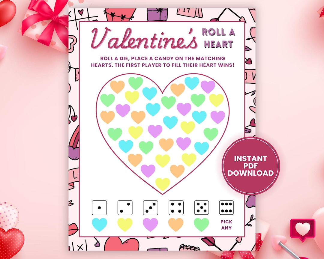 Roll A Heart Valentines Day Game, Printable Valentines Candy Dice Game ...