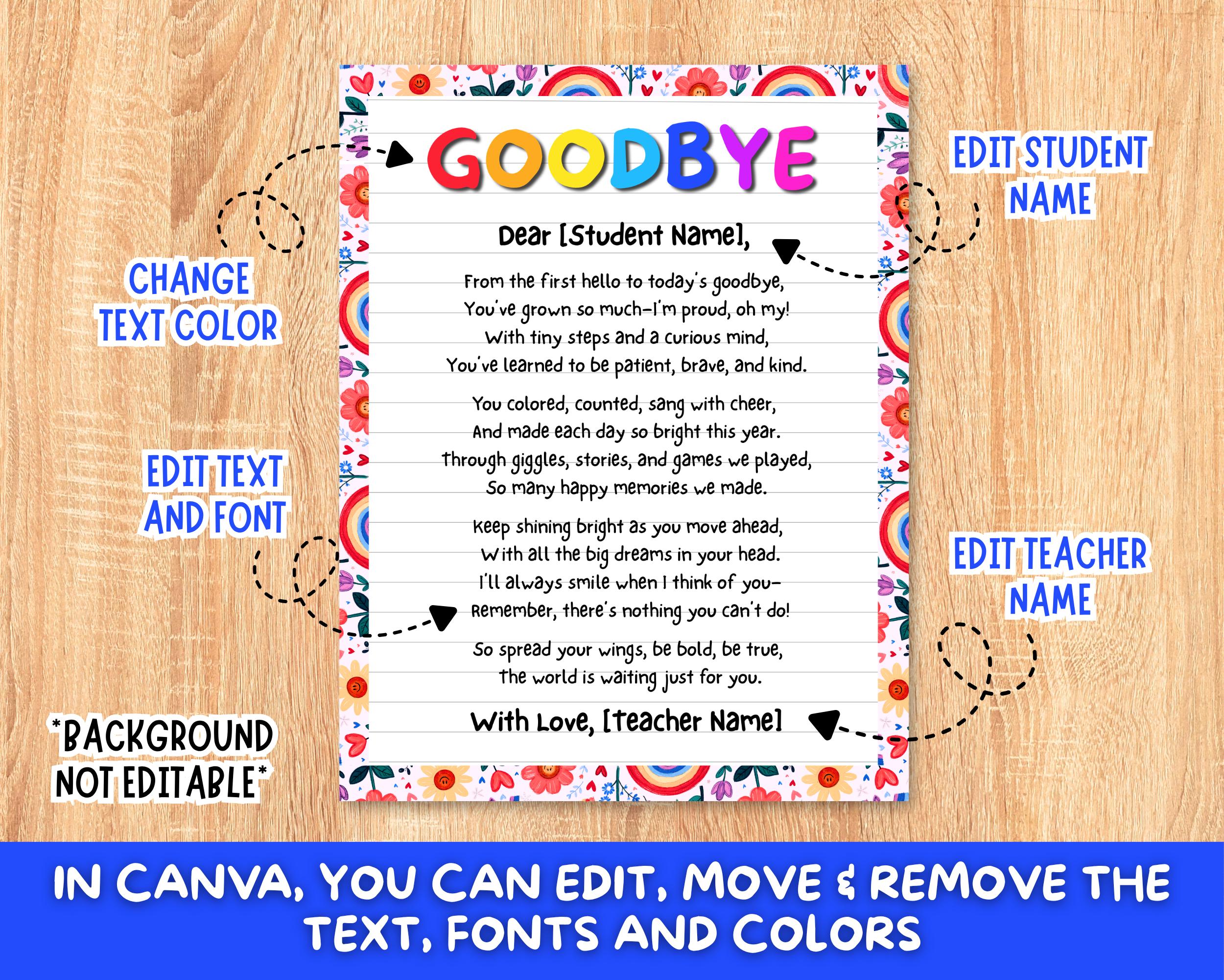 End of Year Goodbye Letter for Preschoolers, Editable Poem for Student ...