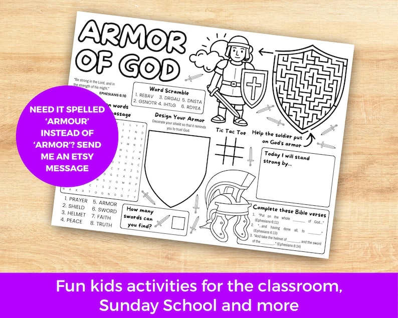 Armor of God Printable Bible Activity Placemat, Christian Sunday School ...