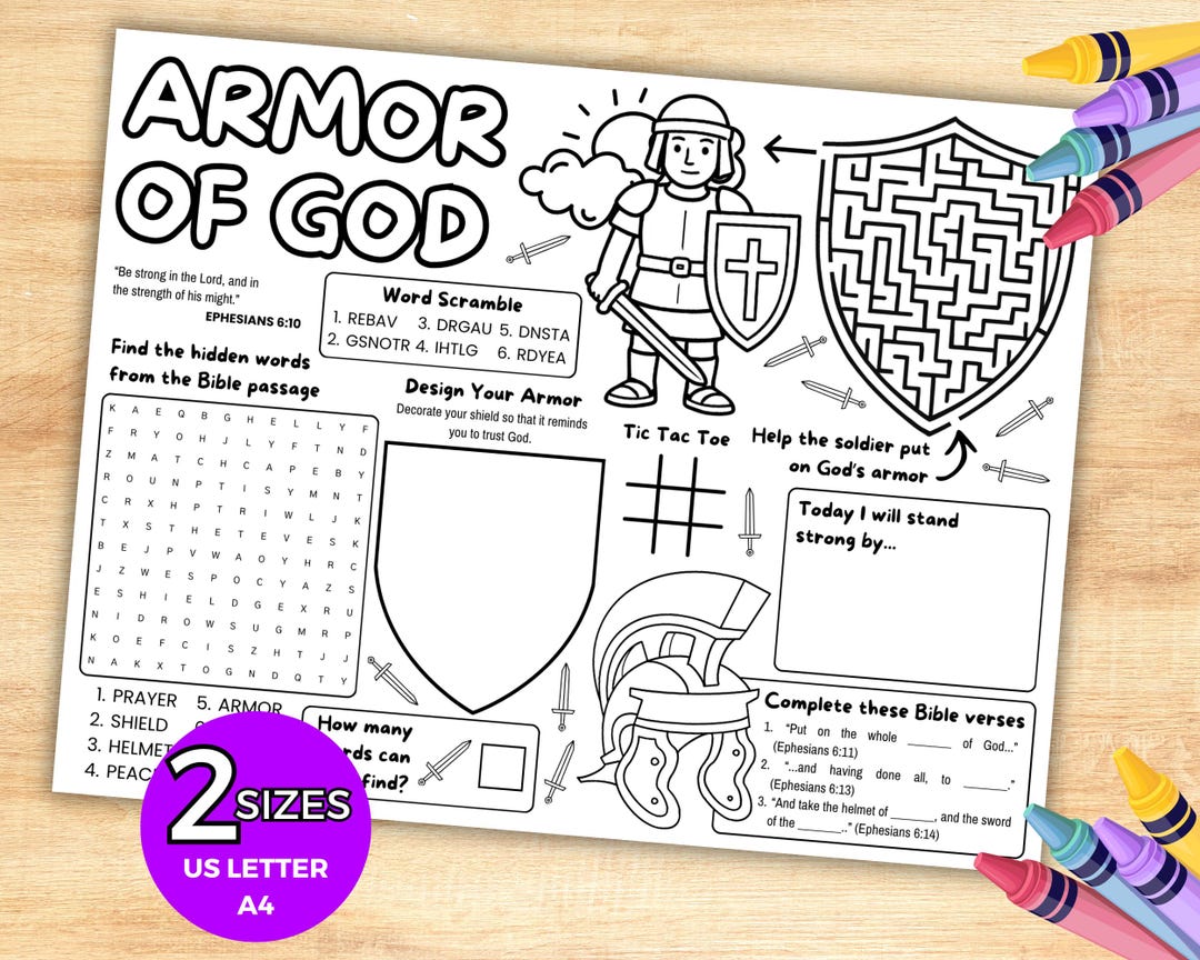 Armor of God Printable Bible Activity Placemat, Christian Sunday School ...