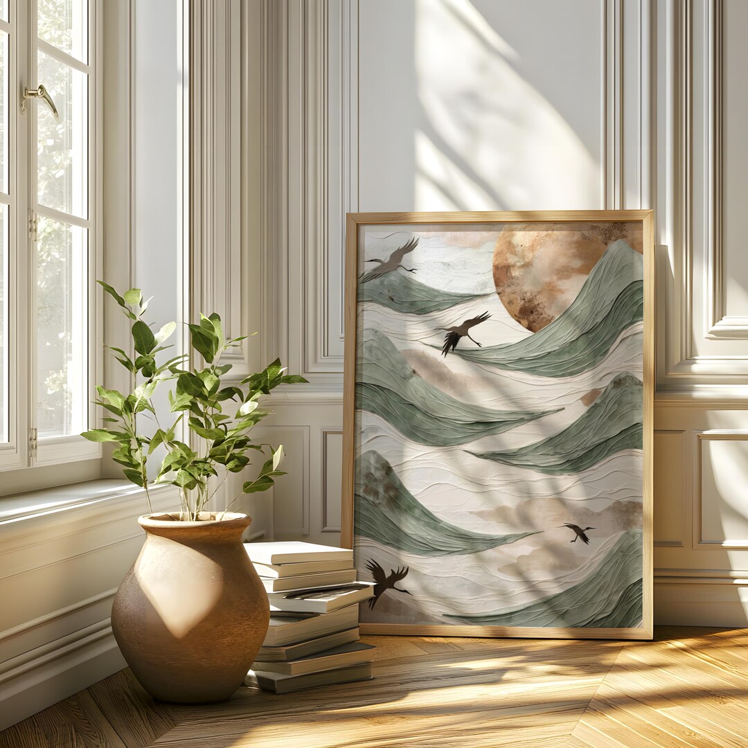 Wabi Sabi Textured Effect Wall Art, Framed Japanese Waves Art, Flying ...