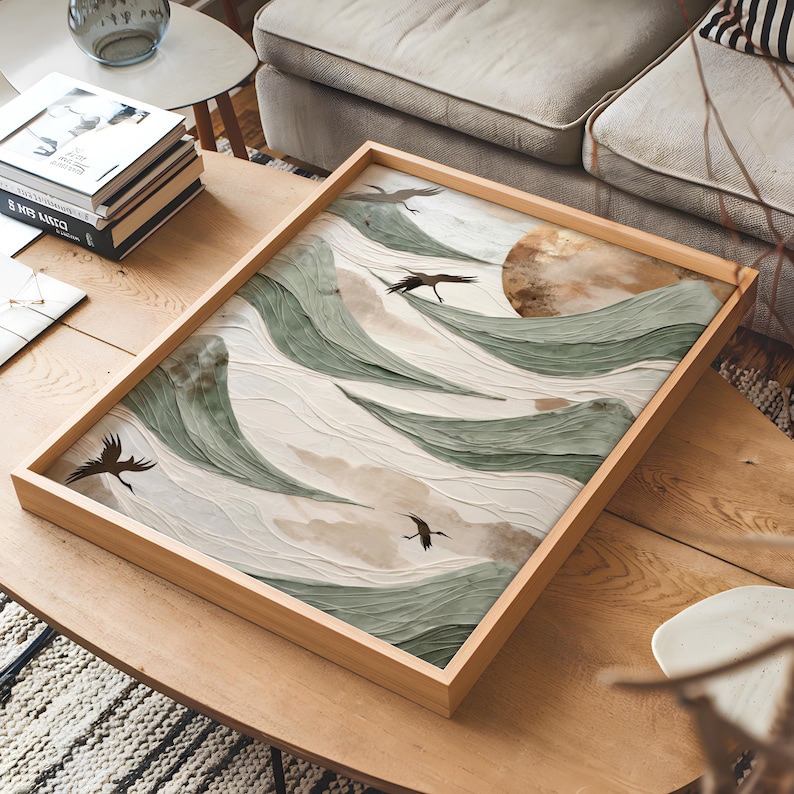 Wabi Sabi Textured Effect Wall Art, Framed Japanese Waves Art, Flying ...