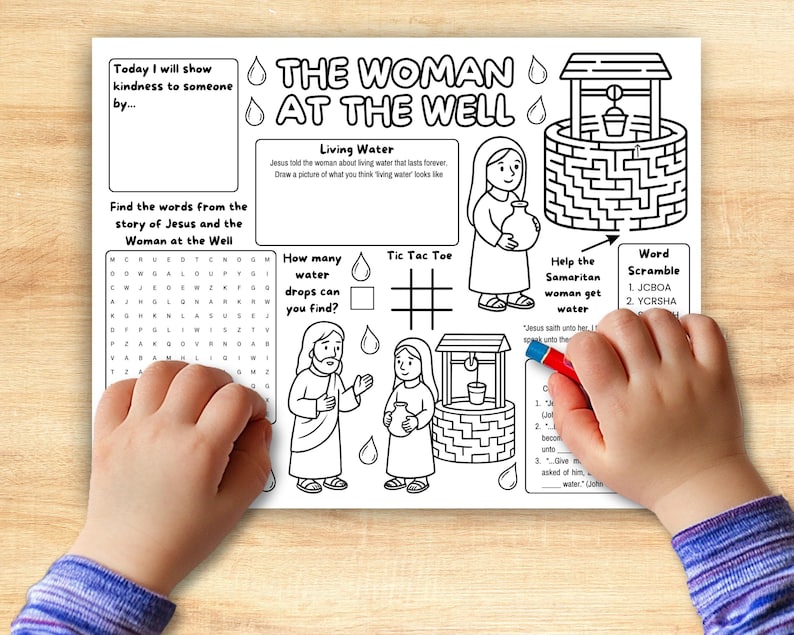 Jesus and Samaritan Woman Bible Activity Placemat, Christian Sunday ...