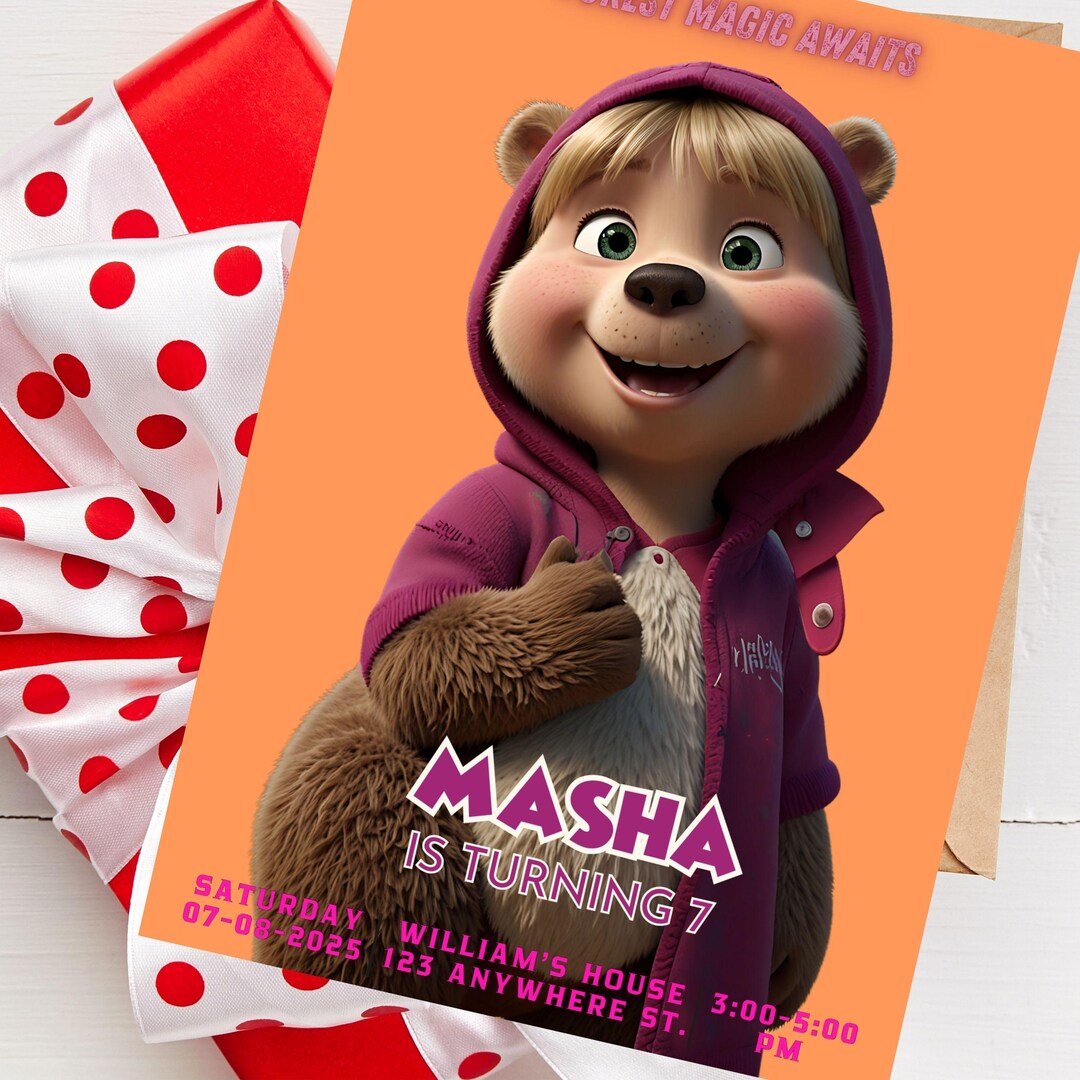 Adorable Cartoon Masha Girl-themed Birthday Invitation Editable ...