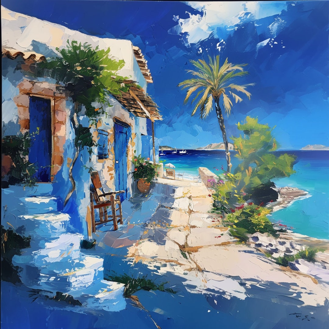Ibiza Landscape Painting, Mediterranean Style Painting Print, Ibiza ...