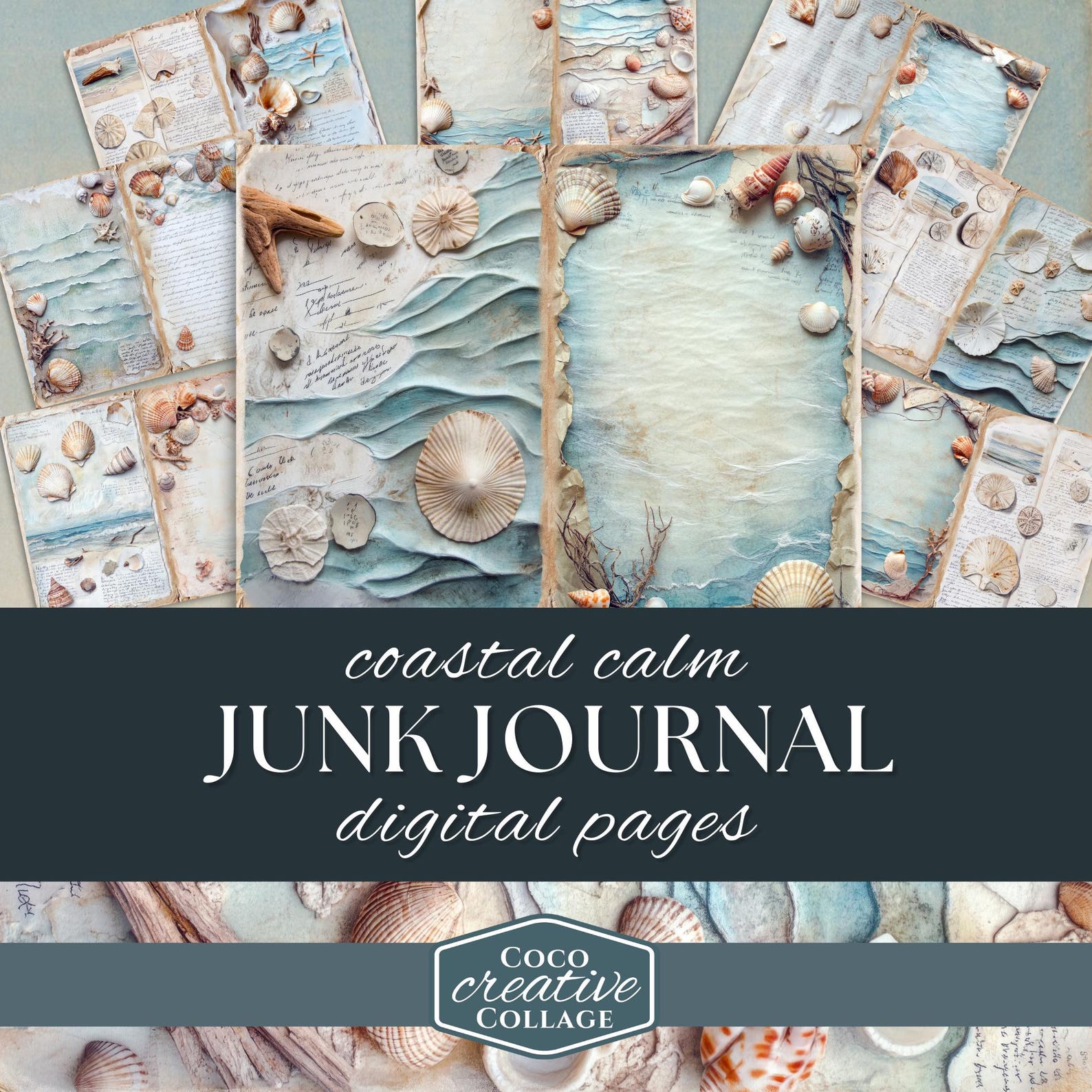Whimsical Beach Junk Journal Pages, Digital Scrapbook Paper Kit, 8 ...