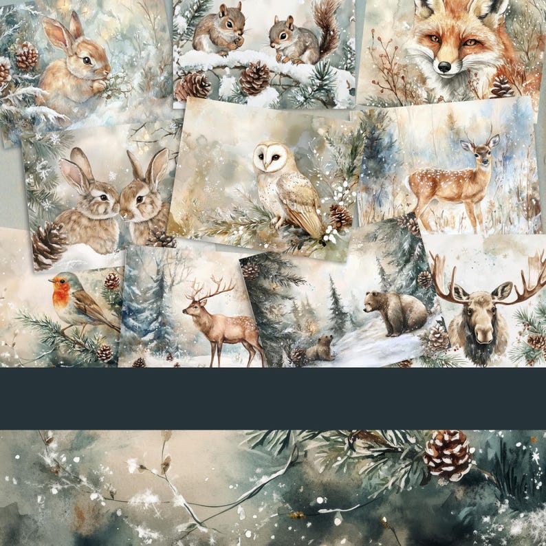 Watercolor Forest Animal Digital Papers Kit, 10 Winter Woodland ...