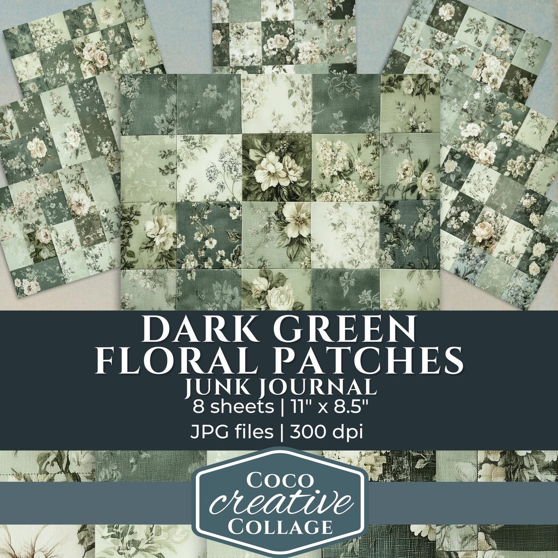 Dark Green Patchwork Junk Journal Vintage Floral Patches Paper Craft ...