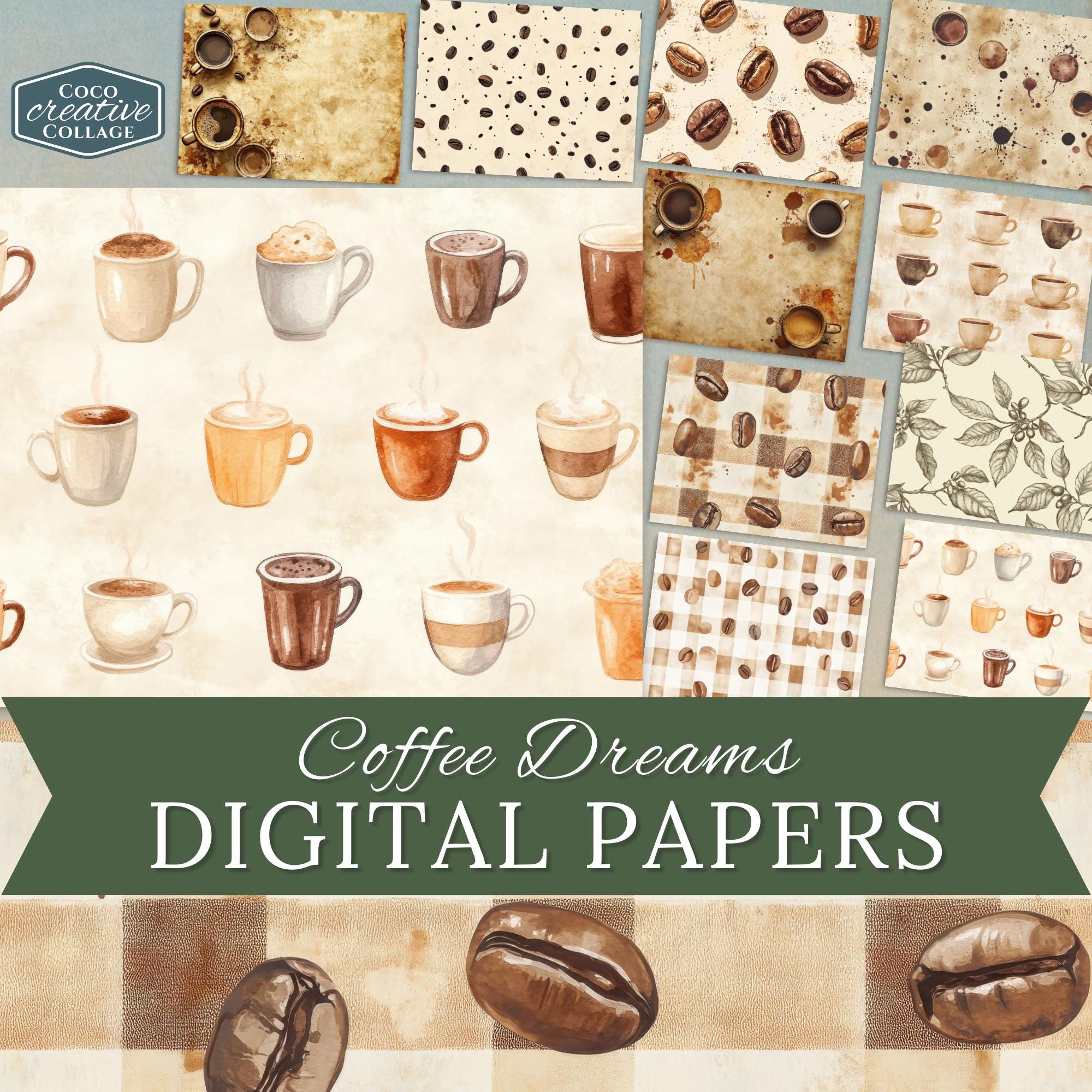 Coffee Themed Digital Papers, 10 Coffee Dreams Junk Journal Pages ...