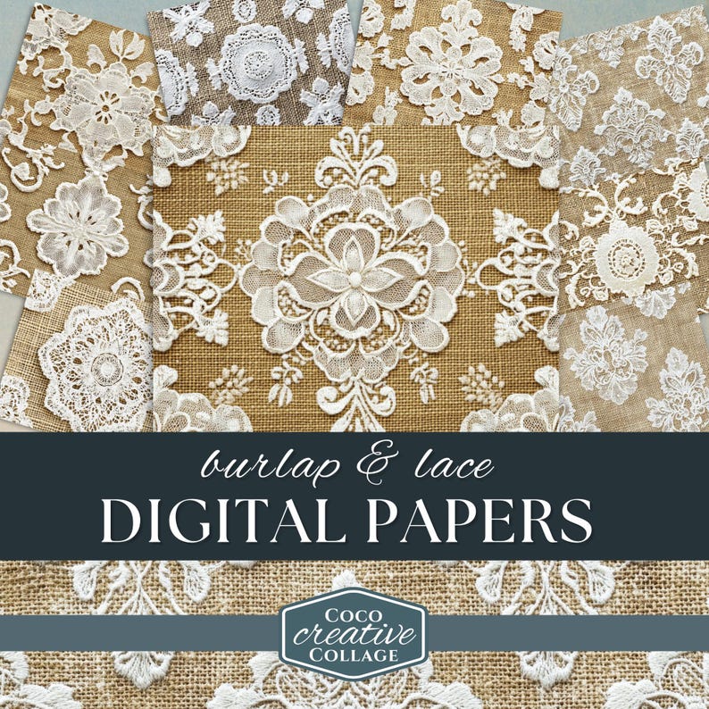 Burlap & Lace Digital Paper Kit, 10 Rustic Jute Wedding Junk Journal ...