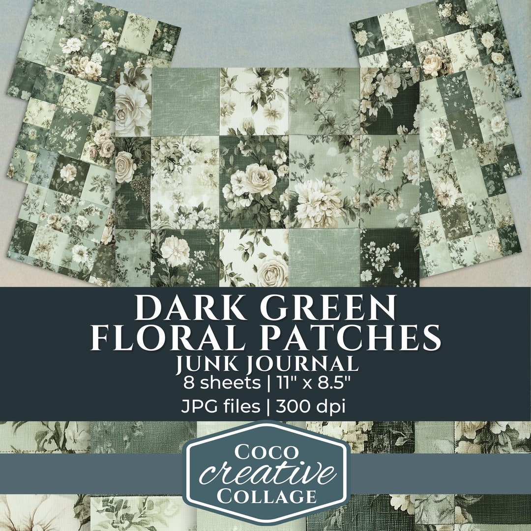 Dark Green Patchwork Junk Journal Vintage Floral Patches Paper Craft ...