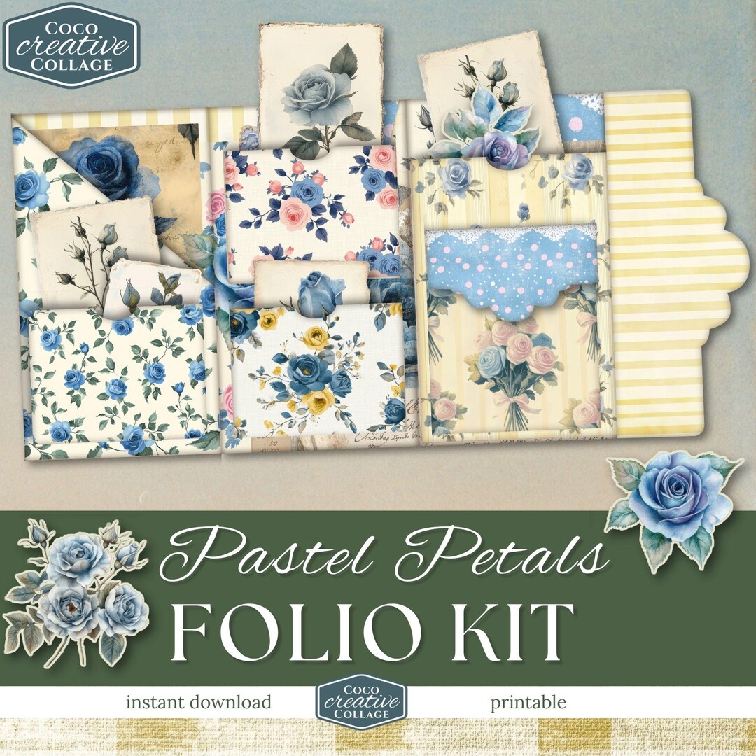 Blue Rose Folio, Digital Kit Junk Journals, Shabby Chic Printable ...