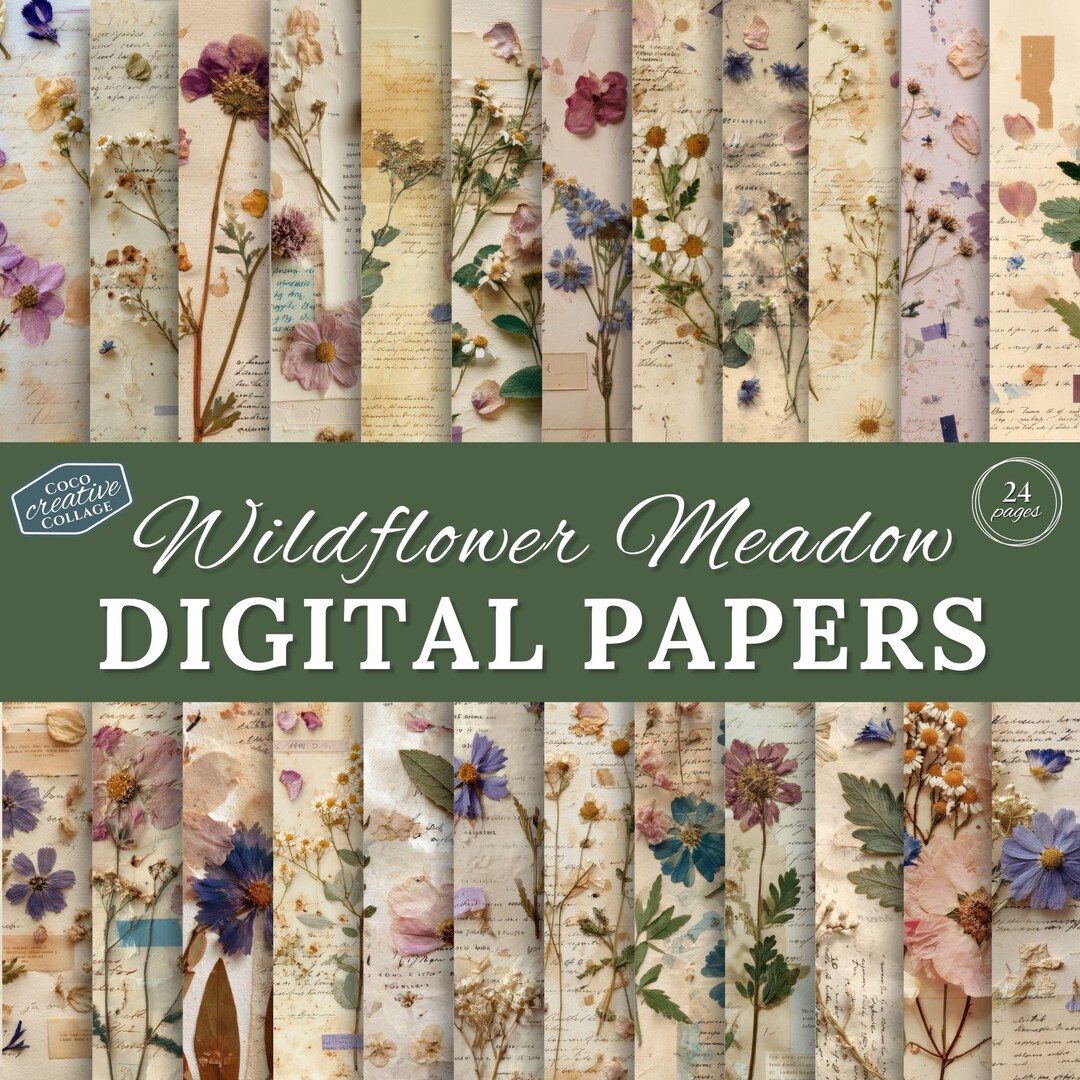 Wildflower Meadow Garden Digital Paper Kit, Botanical Digital Collage ...