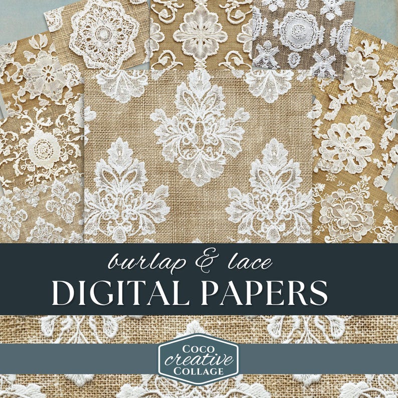 Burlap & Lace Digital Paper Kit, 10 Rustic Jute Wedding Junk Journal ...