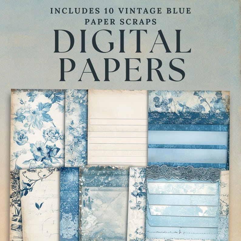 Blue Floral Scrappy Digital Papers Kit, 10 Patchwork Junk Journal ...