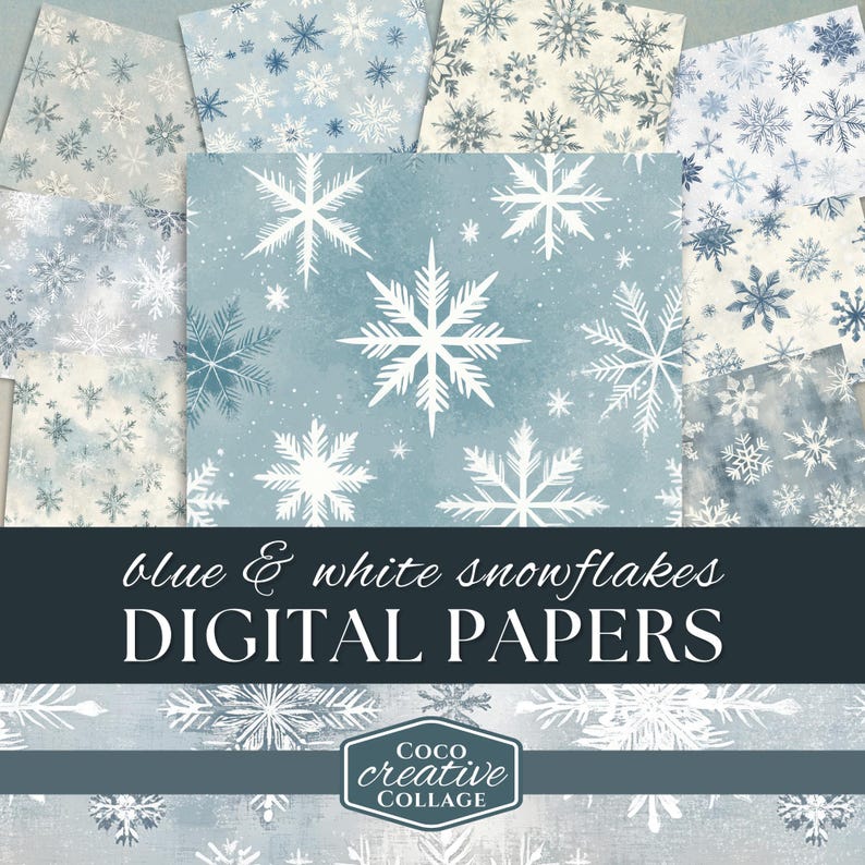 Blue & White Snowflake Digital Paper Kit, 10 Winter Season Junk Journal ...