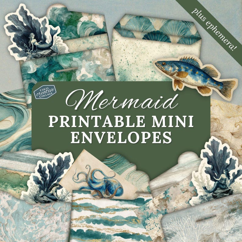 Mermaid Junk Journal Envelopes, Printable Ocean Ephemera Kit, Fantasy ...