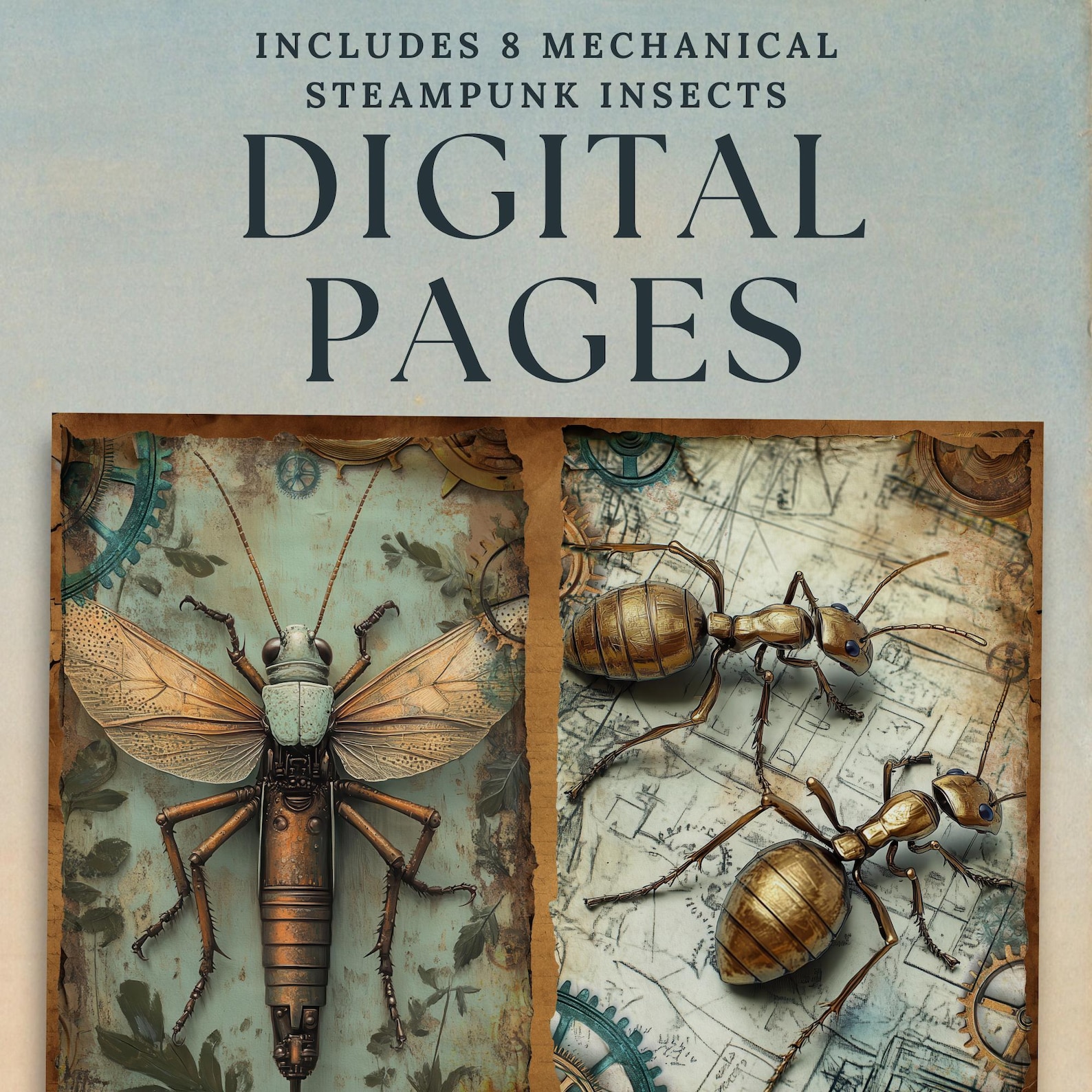 Steampunk Insects Junk Journal Pages, Dragonfly Ephemera, Mechanical ...