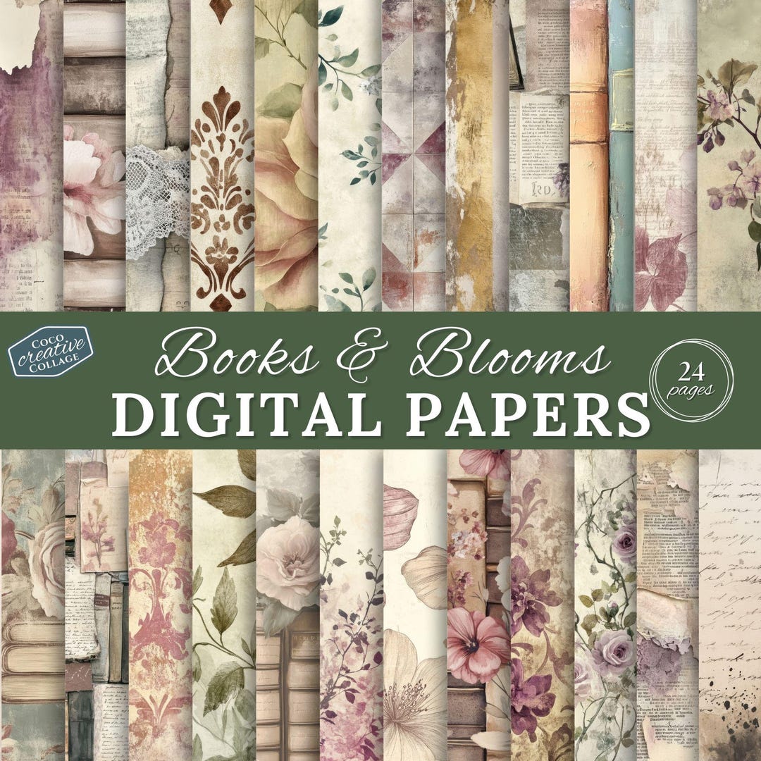 Books & Blooms Library Digital Paper Pack, Literary Book Lover ...
