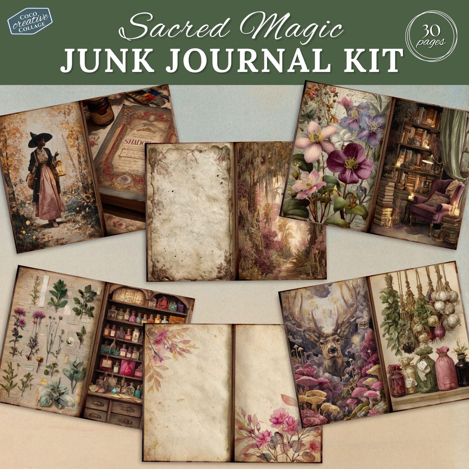 Sacred Magic Junk Journal Kit, Pagan Digital Scrapbook Paper, Green ...