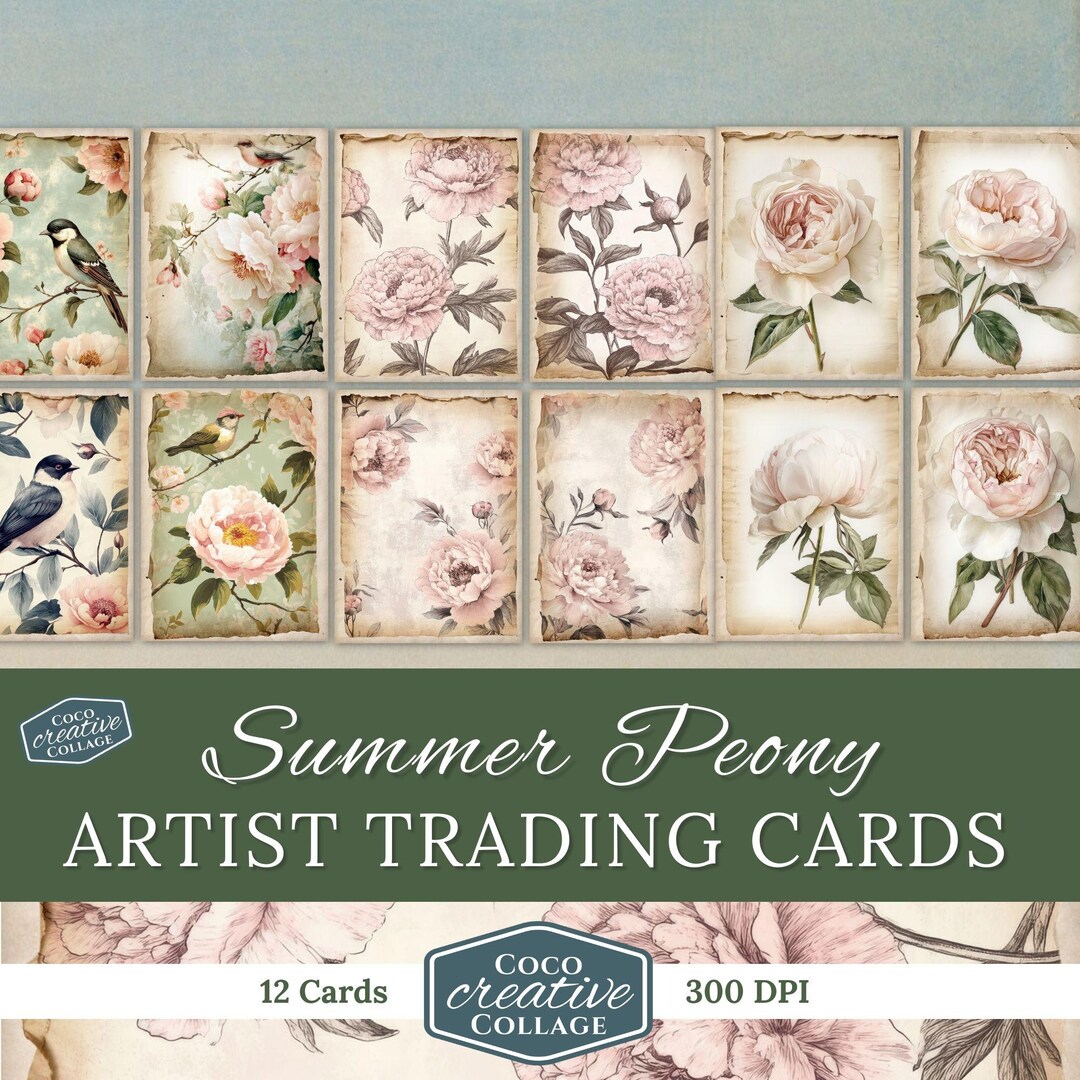 Summer Peony Printable Cards, Vintage Floral ATC Ephemera, Junk Journal ...