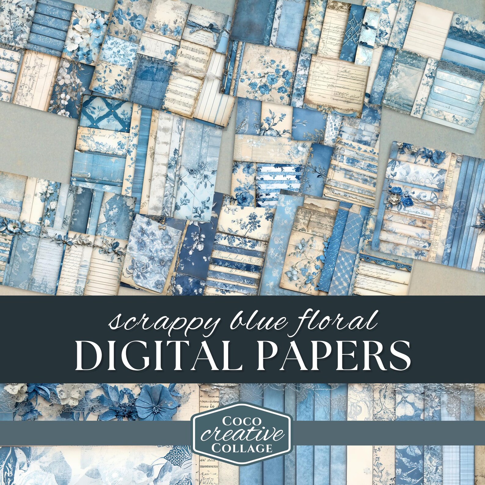Blue Floral Scrappy Digital Papers Kit, 10 Patchwork Junk Journal ...