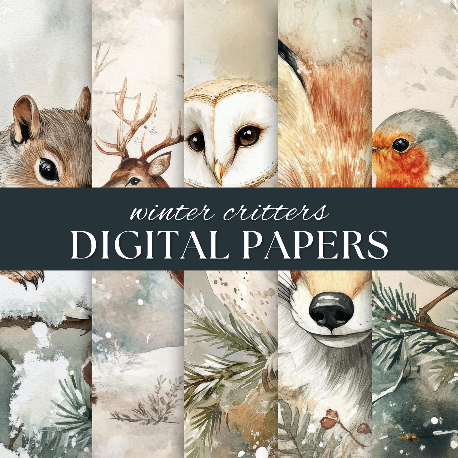 Watercolor Forest Animal Digital Papers Kit, 10 Winter Woodland ...