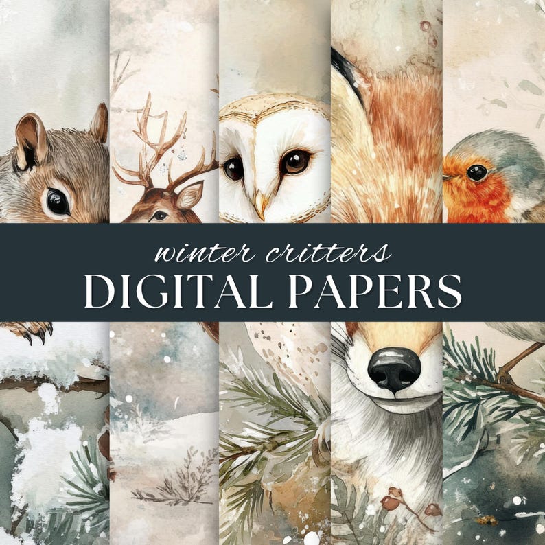 Watercolor Forest Animal Digital Papers Kit, 10 Winter Woodland ...