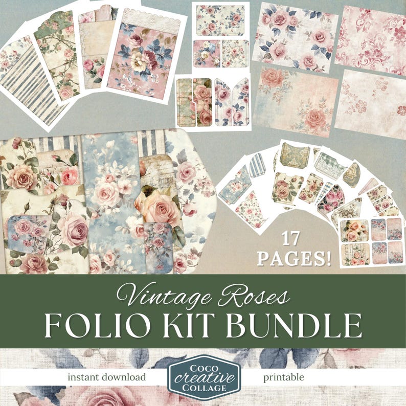 Vintage Roses Mini Folio Junk Journal, Folding Craft Kit, Shabby Chic Printable Ephemera ...