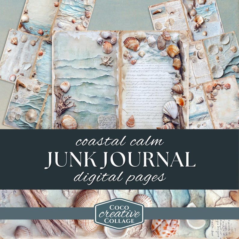Whimsical Beach Junk Journal Pages, Digital Scrapbook Paper Kit, 8 ...