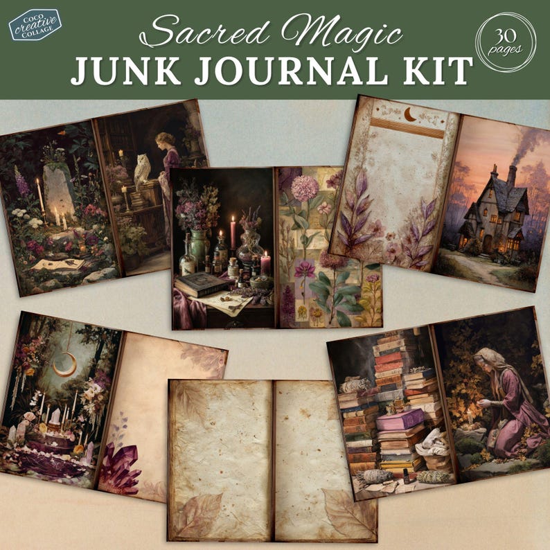 Sacred Magic Junk Journal Kit, Pagan Digital Scrapbook Paper, Green ...