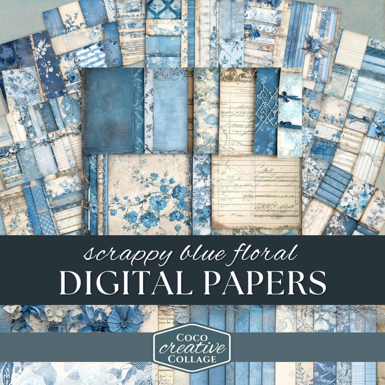 Blue Floral Scrappy Digital Papers Kit, 10 Patchwork Junk Journal ...