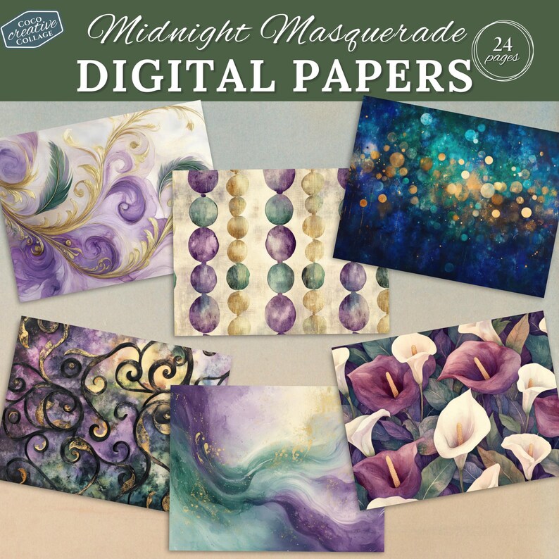 Mardi Gras Junk Journal Printable Paper, 24 Midnight Masquerade Digital ...