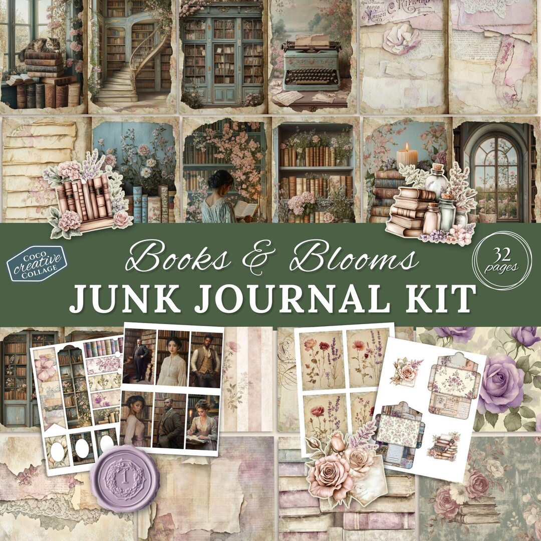 Books & Blooms Library Junk Journal Kit, Printable Vintage Book Lover ...