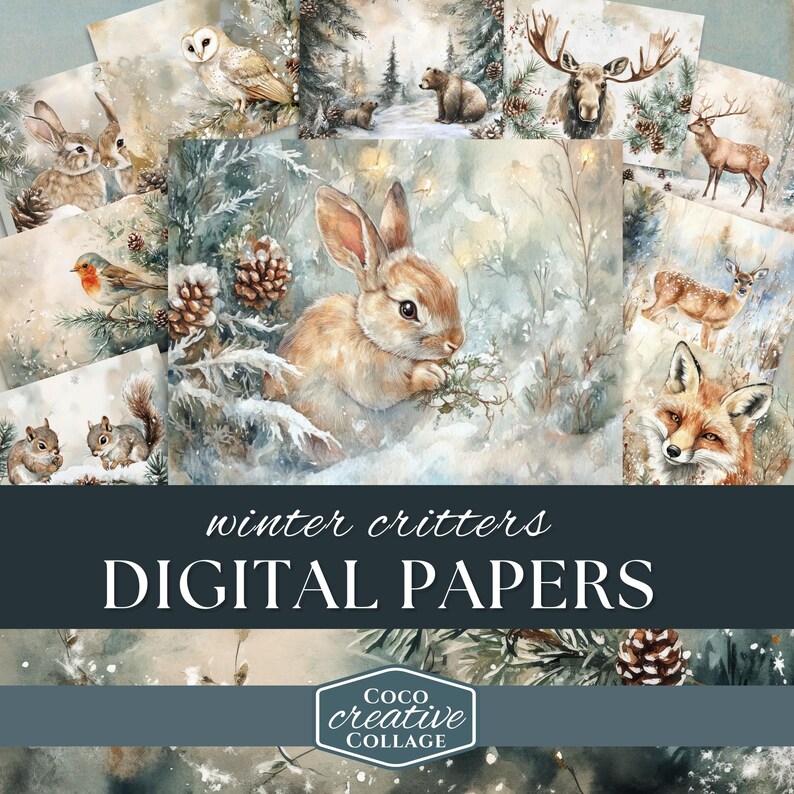 Watercolor Forest Animal Digital Papers Kit, 10 Winter Woodland ...