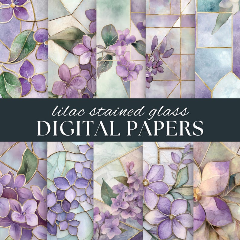 Lilac Stained Glass Digital Paper Kit, 10 Purple and Gold Watercolor ...