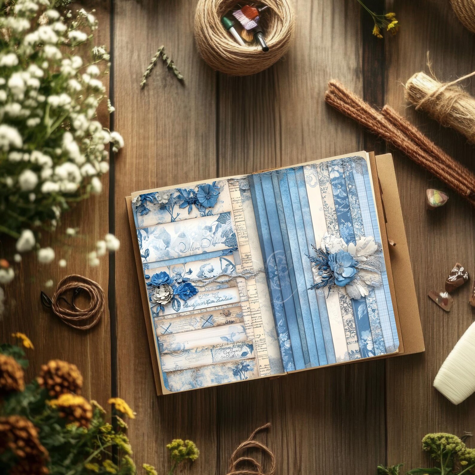 Blue Floral Scrappy Digital Papers Kit, 10 Patchwork Junk Journal ...