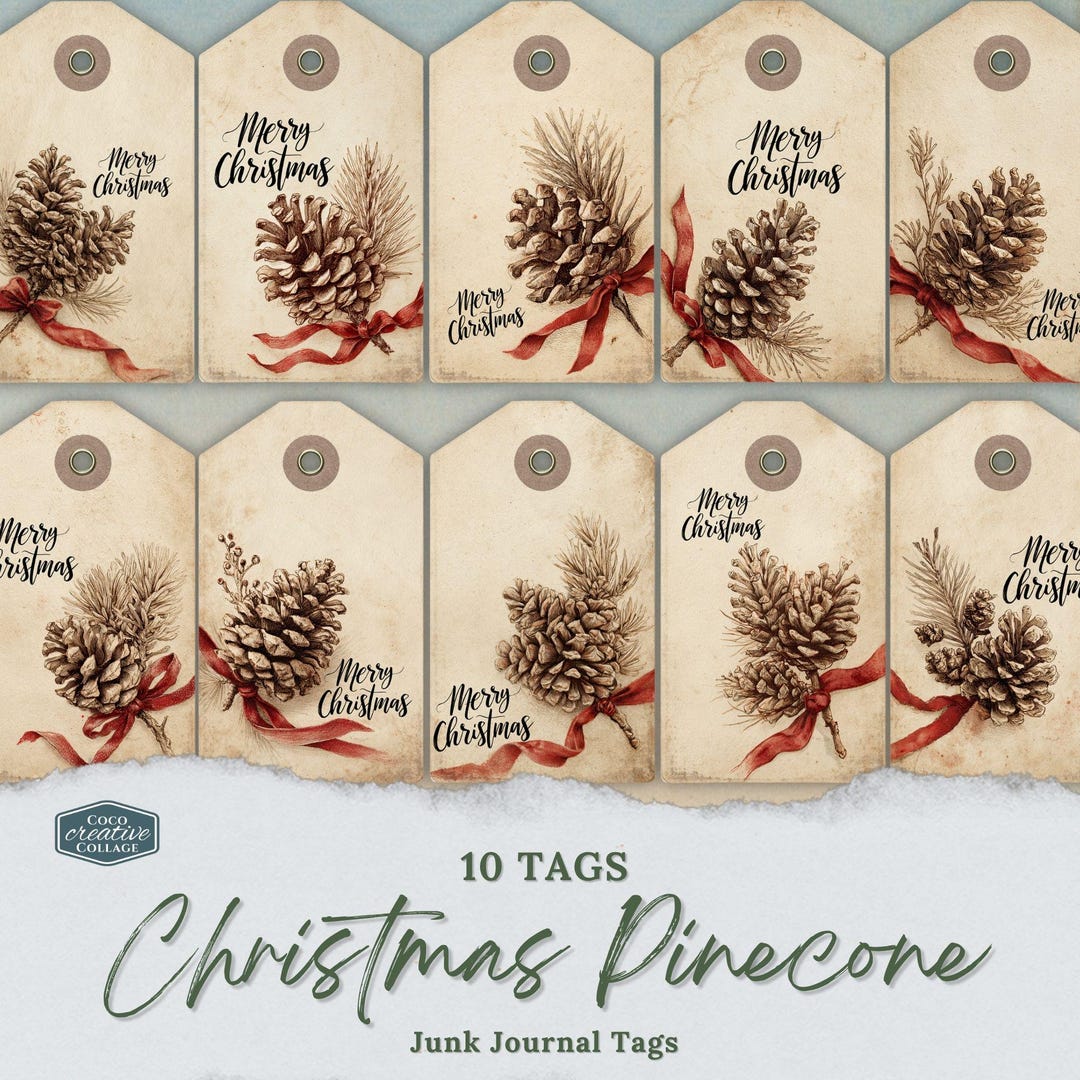 Christmas Favor Tags, Pinecone Gift Tags, Merry Christmas, Vintage ...