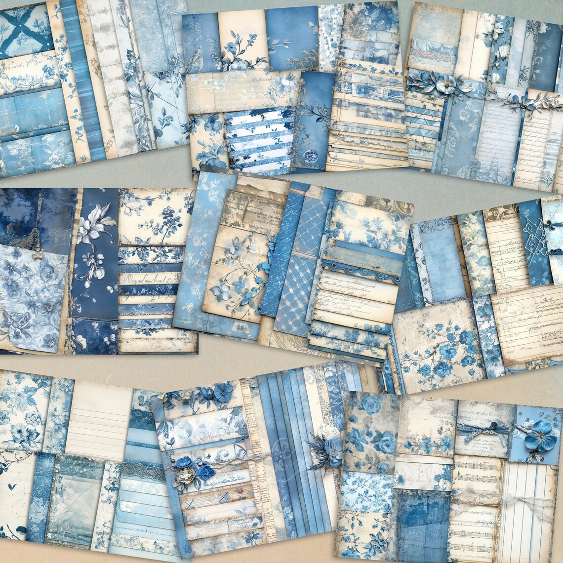Blue Floral Scrappy Digital Papers Kit, 10 Patchwork Junk Journal ...