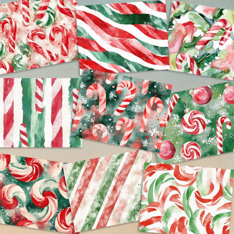 Candy Canes Digital Paper Junk Journal Kit, 10 Abstract Winter Collage ...