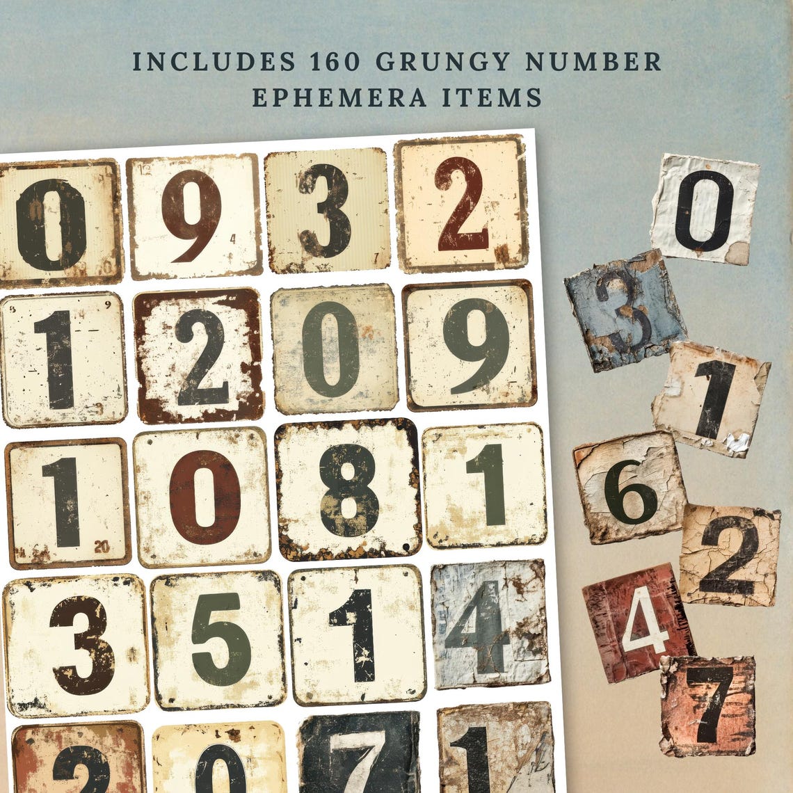 Grunge Numbers Vintage Labels, 160 Printable Ephemera Kit, Junk Journal ...