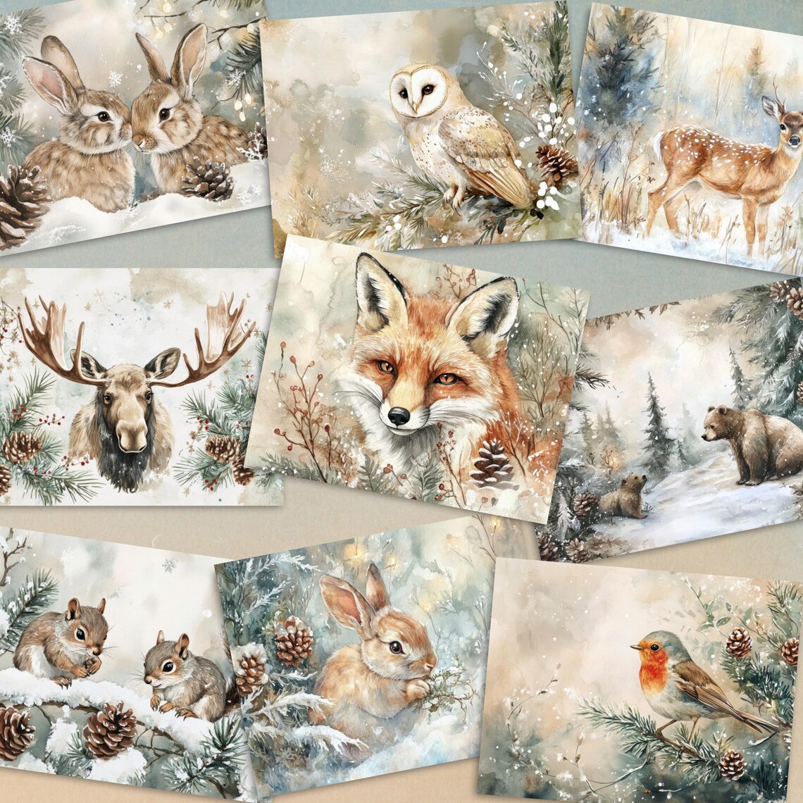 Watercolor Forest Animal Digital Papers Kit, 10 Winter Woodland ...