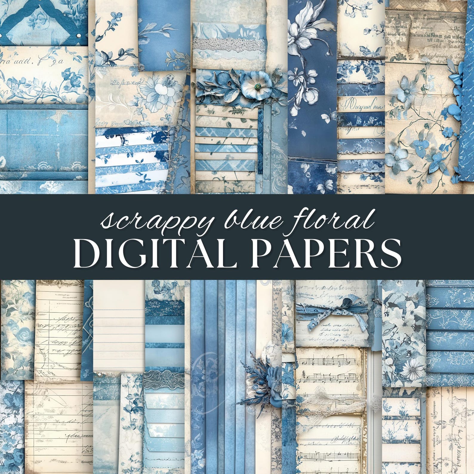 Blue Floral Scrappy Digital Papers Kit, 10 Patchwork Junk Journal ...