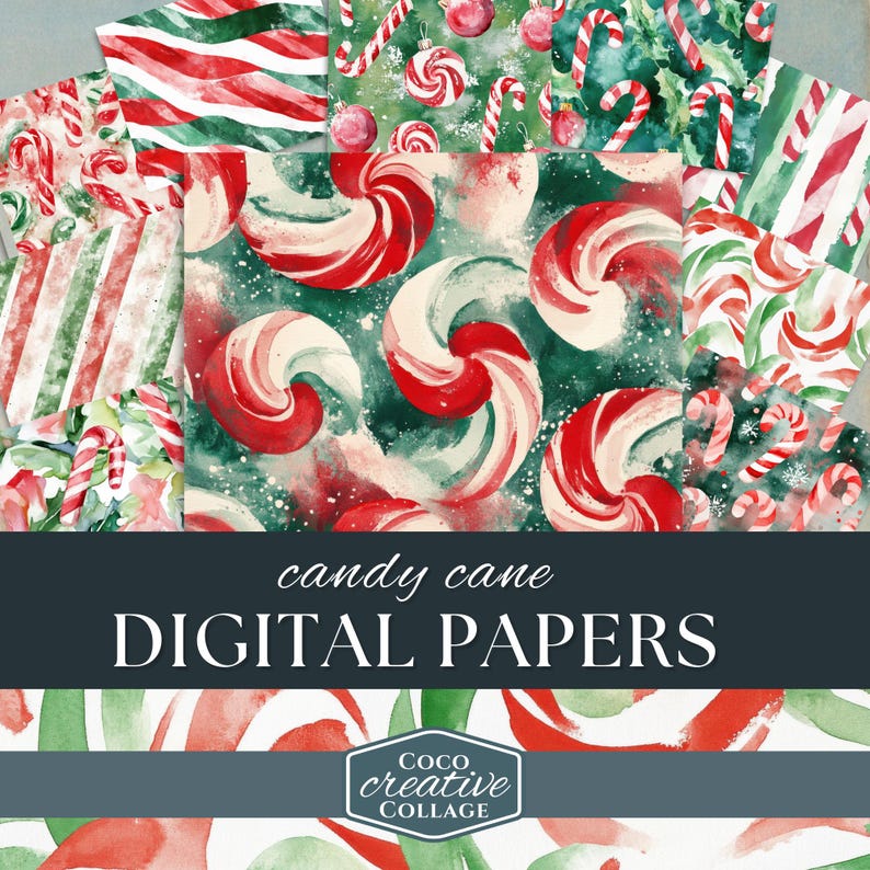 Candy Canes Digital Paper Junk Journal Kit, 10 Abstract Winter Collage ...