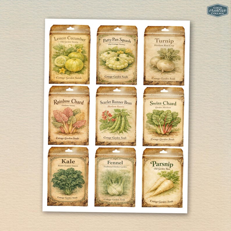Vintage Cottage Garden Seed Packets Printable | Heirloom Vegetable ...