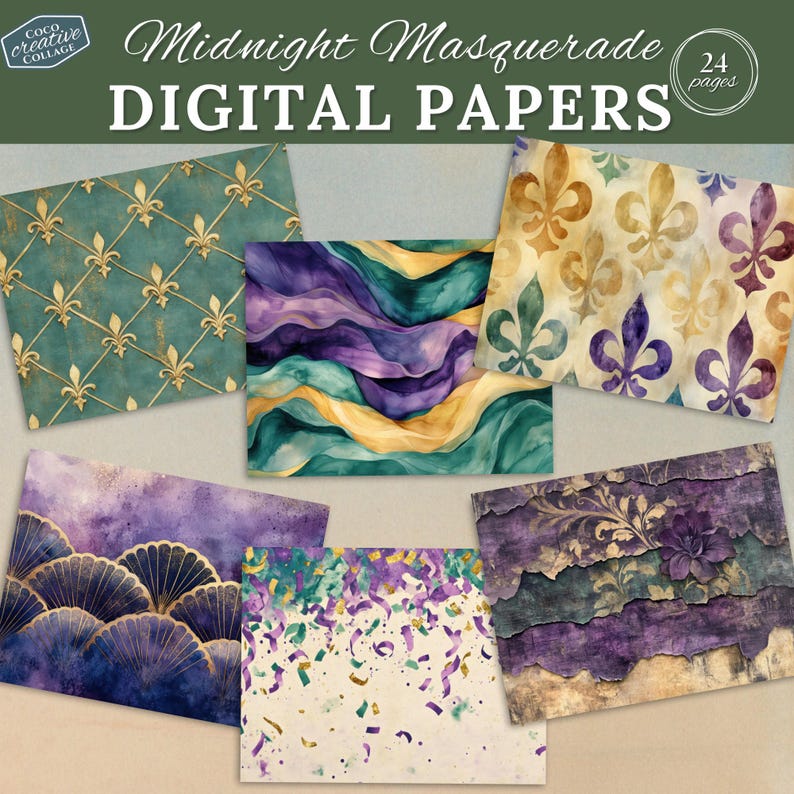 Mardi Gras Junk Journal Printable Paper, 24 Midnight Masquerade Digital ...