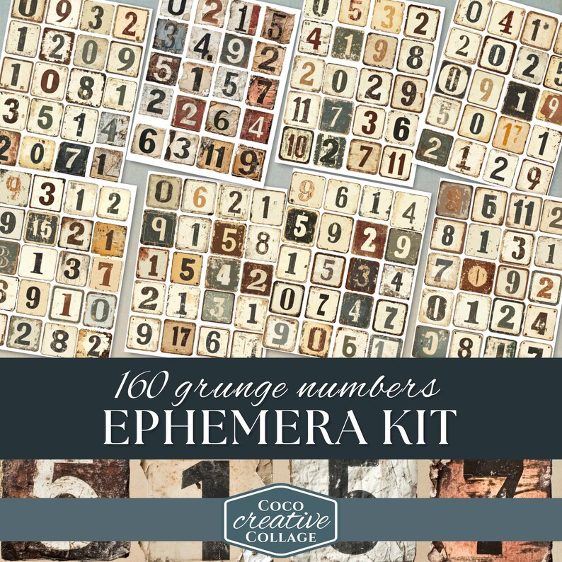 Grunge Numbers Vintage Labels, 160 Printable Ephemera Kit, Junk Journal ...