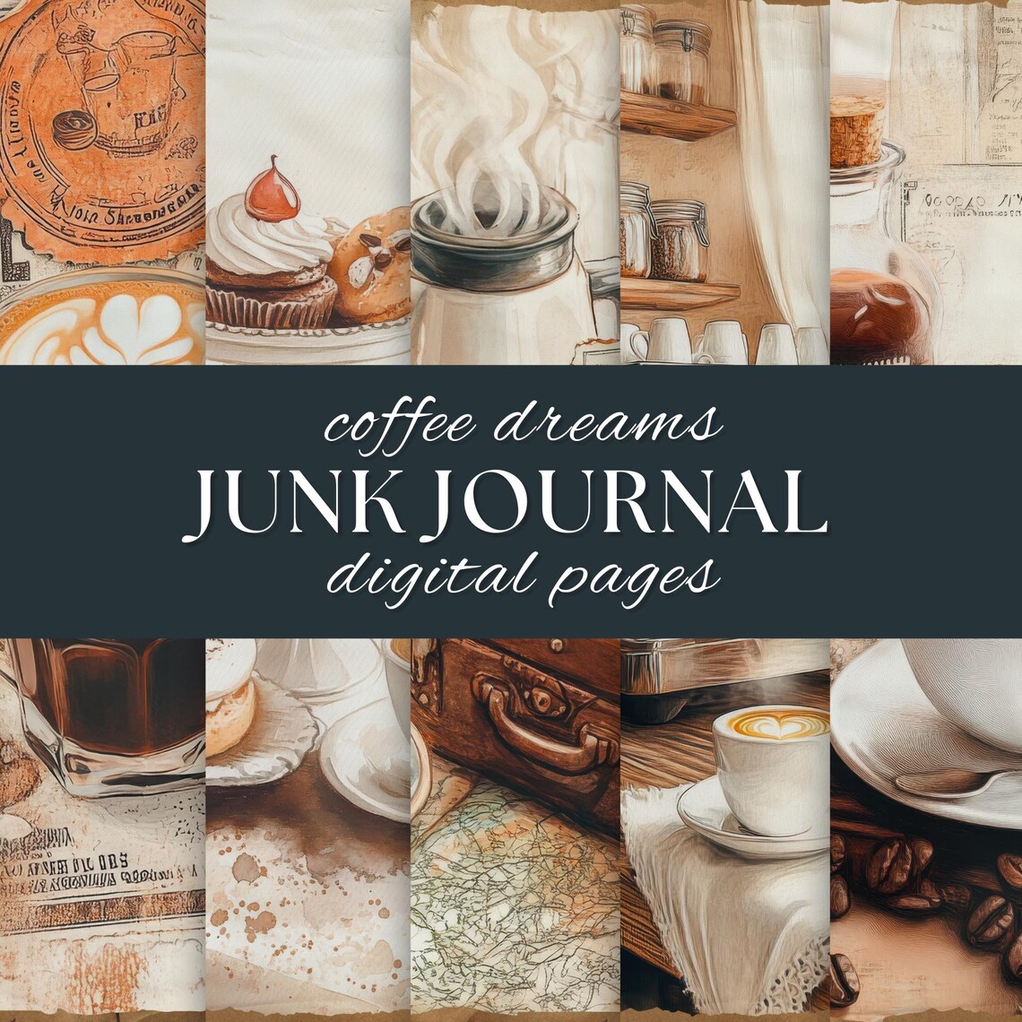 Cozy Coffee Digital Junk Journal Pages, 8 Dreamy Caffeine Themed Papers ...