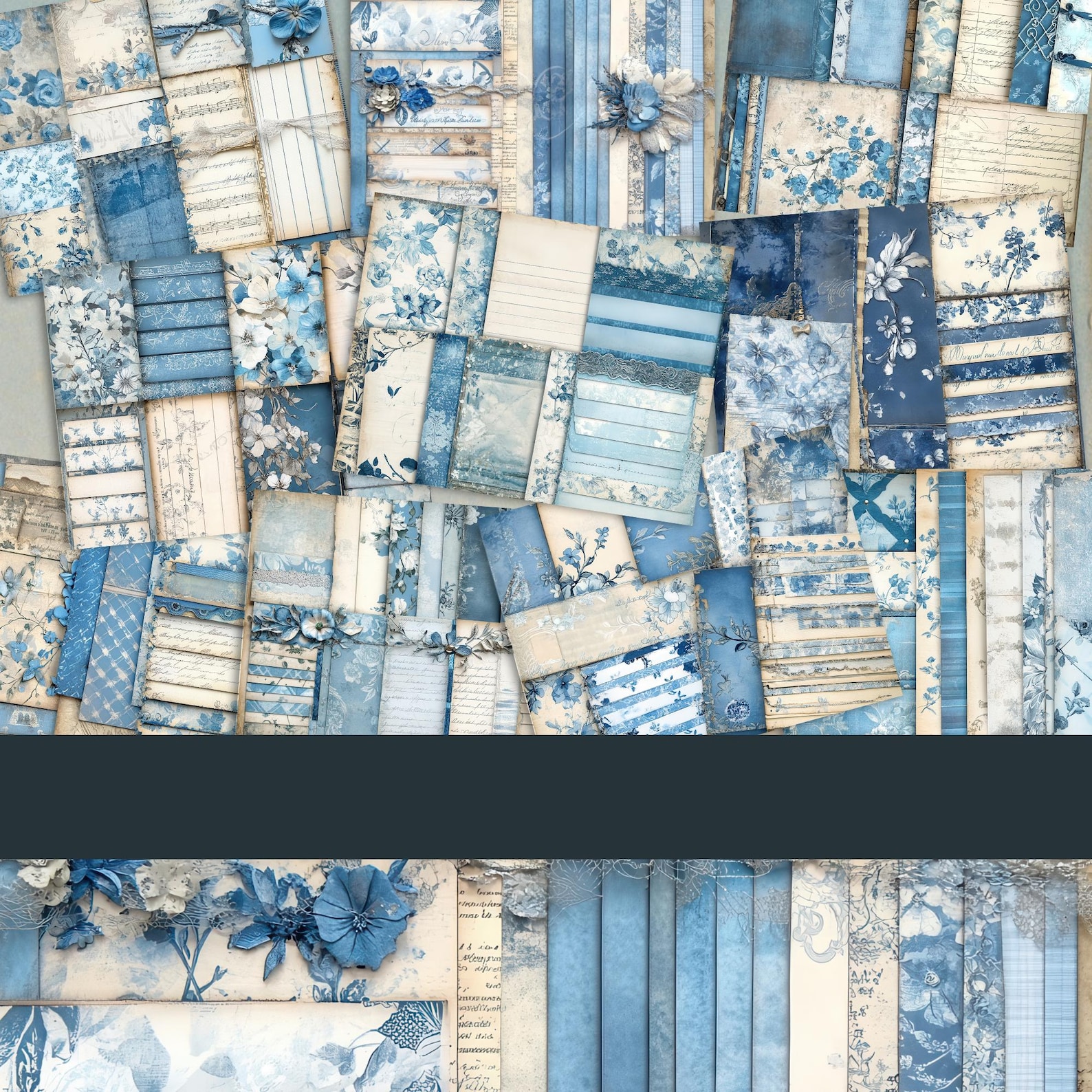 Blue Floral Scrappy Digital Papers Kit, 10 Patchwork Junk Journal ...